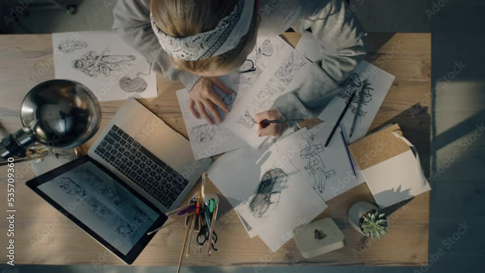 Young female illustrator drawing pencil sketches on paper. Drawings on ...