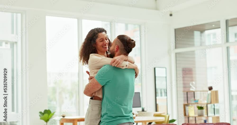 Love, wow and excited with a couple hug, celebrating and laughing in ...