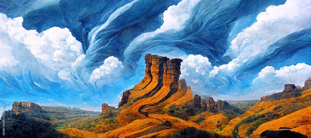 Scenic vista over canyon valley, lush vegetation with surreal summer ...