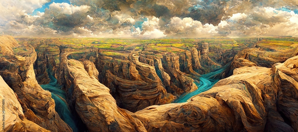 Scenic vista over canyon valley, lush vegetation with surreal summer ...