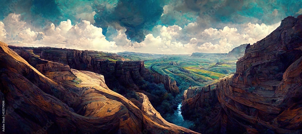 Scenic vista over canyon valley, lush vegetation with surreal summer ...