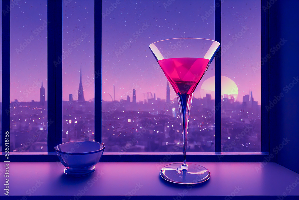 Martini cocktail at a window, city lights behind, photorealistic ...