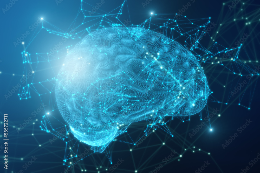 Artificial intelligence and machine learning concept with blue glowing digital human brain with ...