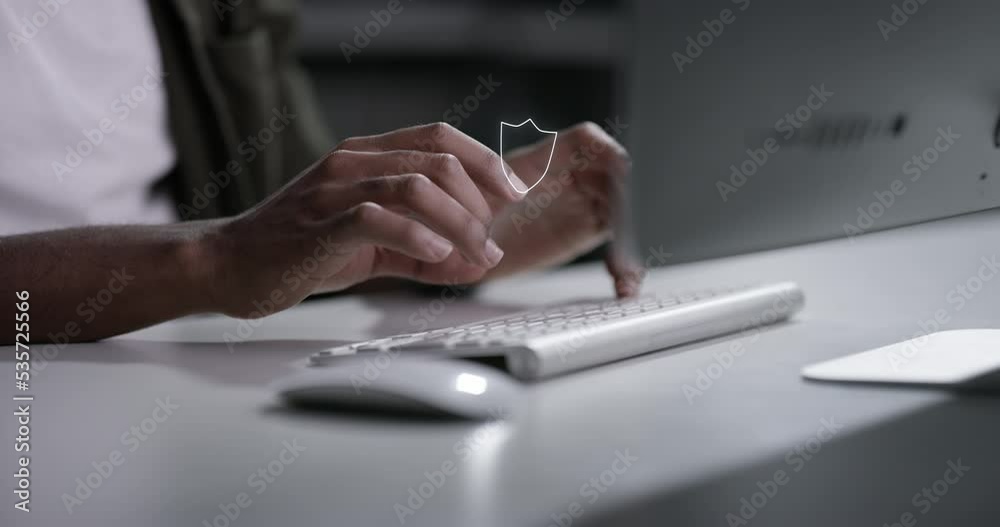 Cyber security, typing coding data and hacker protection is futuristic web password technology ...