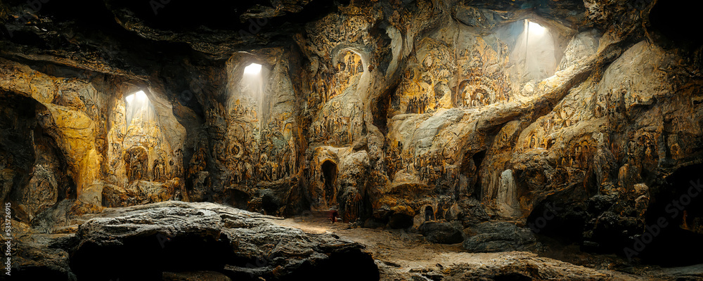 Concept art of a cave with ancient tribal engravings. Prehistoric cave ...