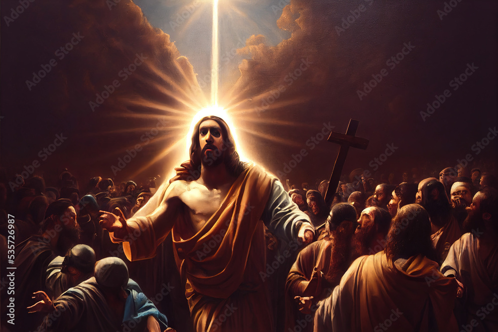 Digital painting of Jesus Christ surrounded by a crowd of Christian ...