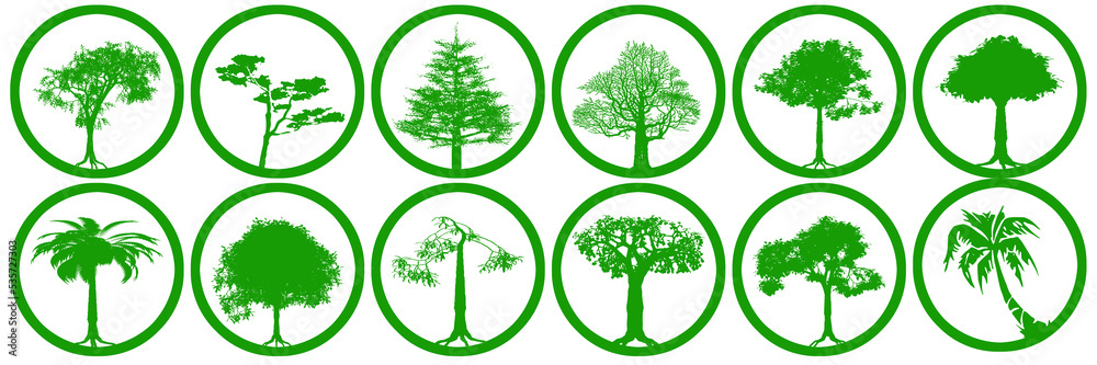 Different tree icons in transparent PNG green color. Stock Illustration ...