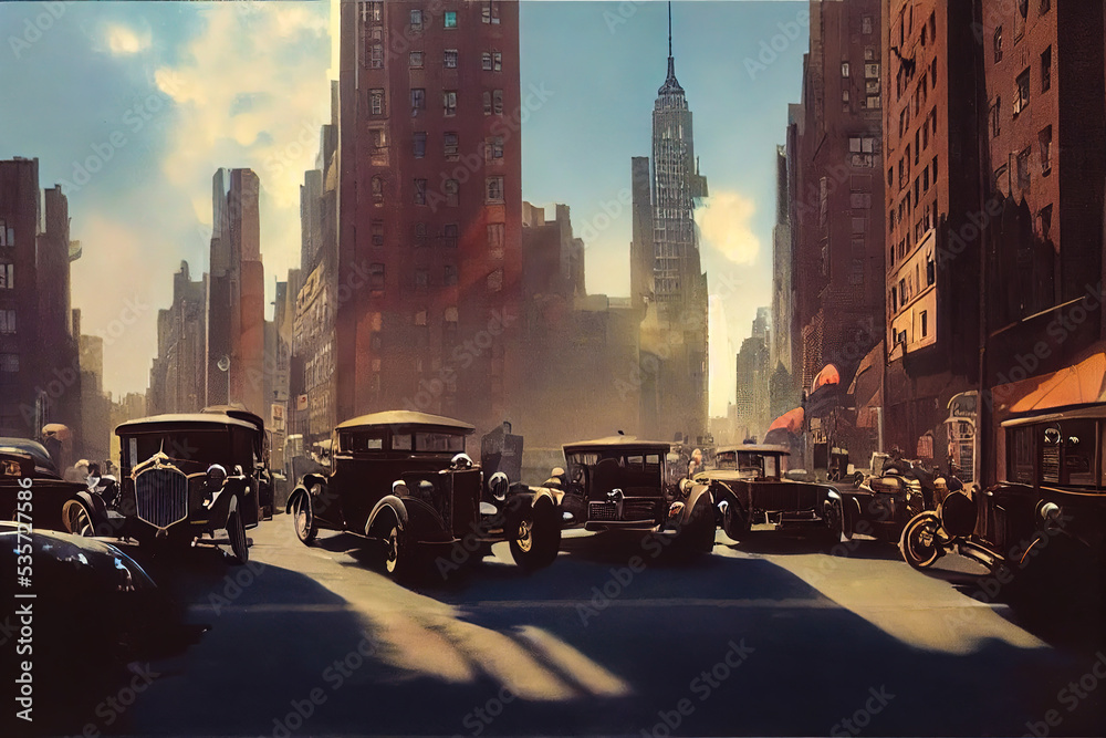 Digital illustration featuring evening time in vintage New York. The ...