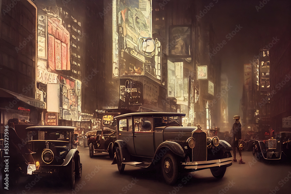 Retro digital illustration featuring New York City streets with vintage ...