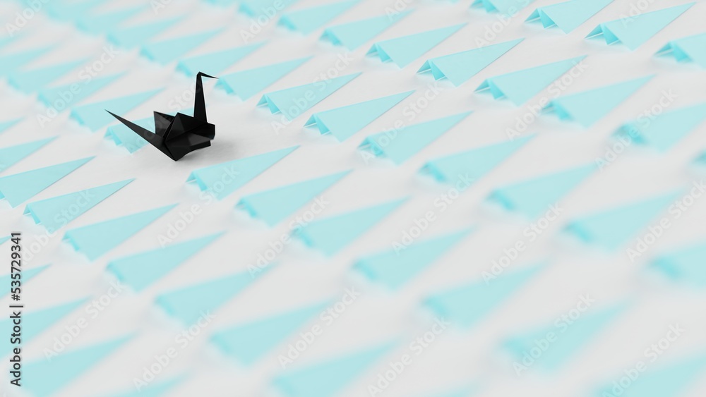 Origami of black crane and many soft blue airplanes on white board ...