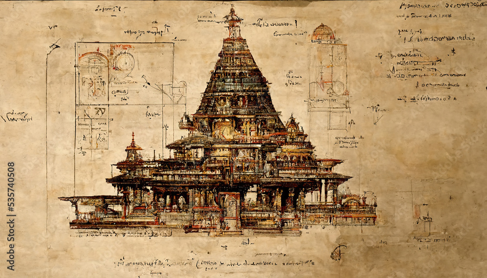 AI generated image of the blueprint or construction plan of an ancient Hindu temple in India ...