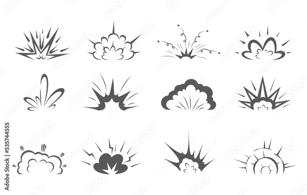 Cartoon bomb explosion, comic clouds silhouettes and blast boom smoke ...