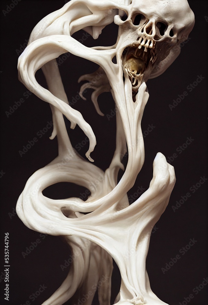 spooky curved marble stature on dark background, scream, dangerous ...