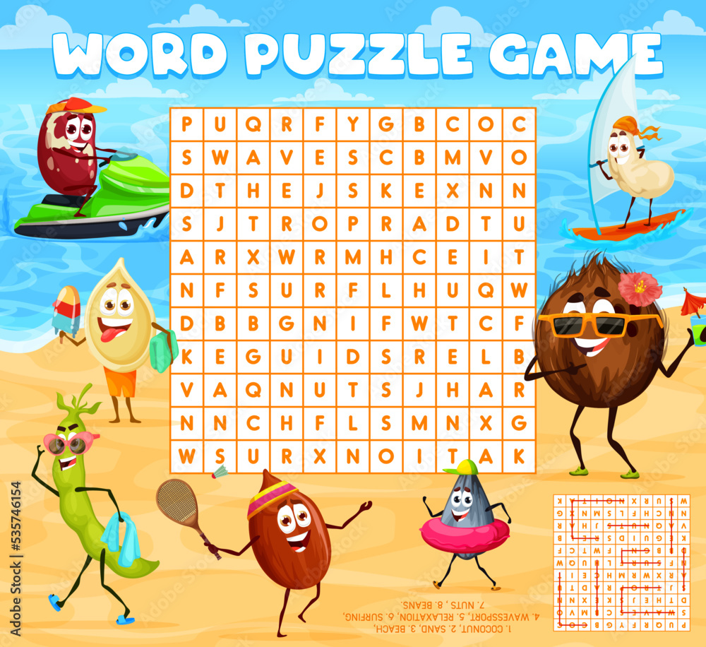 Nuts characters on summer beach, word search puzzle game worksheet ...