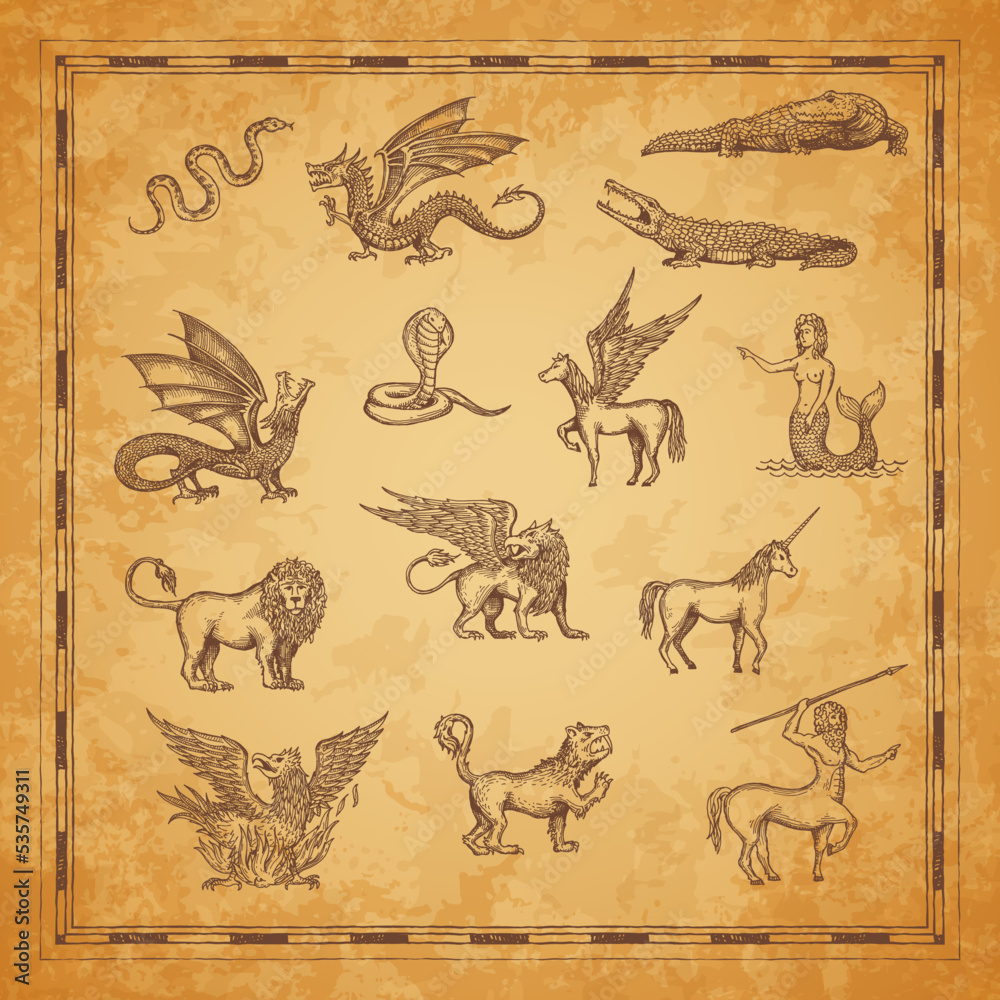 Vintage map characters of unicorn, dragon and pegasus, minotaur, lion ...