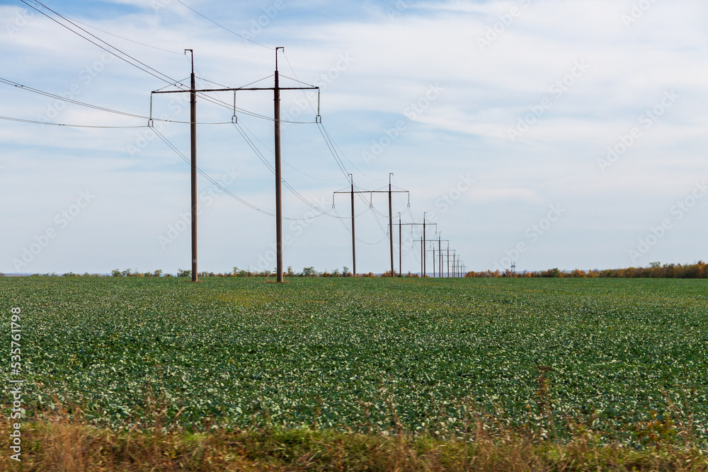 overhead power lines in the countryside Stock Photo | Adobe Stock