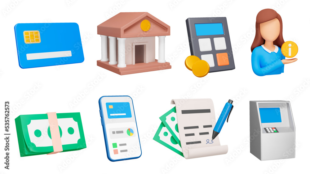 Banking 3d icon set. Credit cards, borrowing and receiving money ...