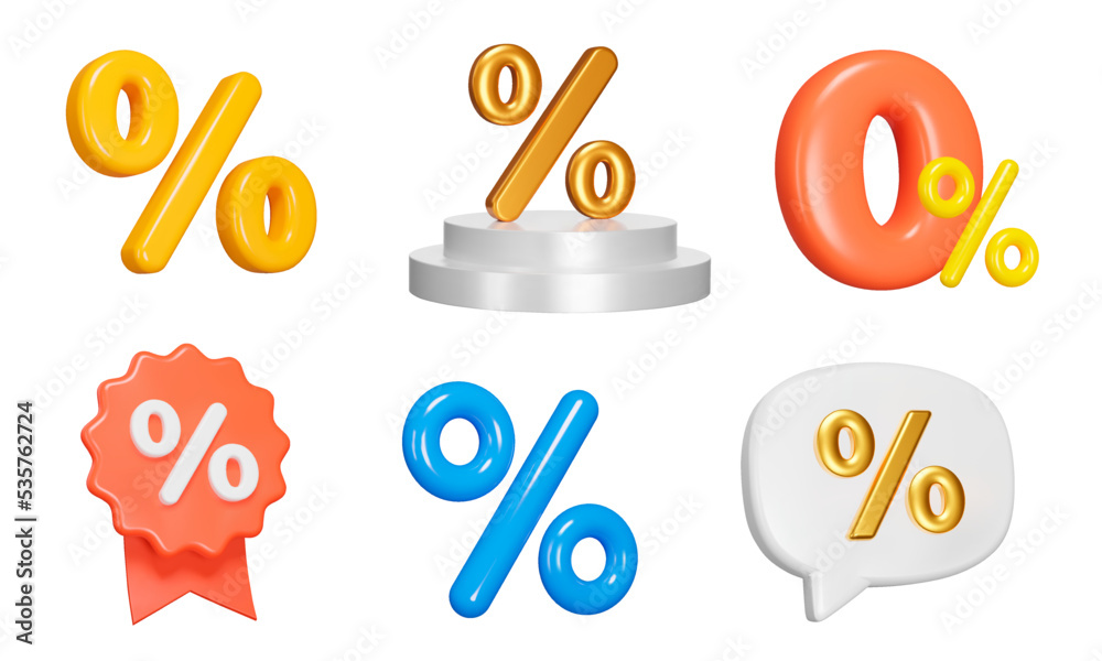 Percent 3d icon set. Percentage. Various forms. Discount, sale ...