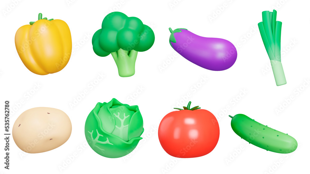 Vegetables 3d icon set. Bell pepper, broccoli, eggplant, leeks ...
