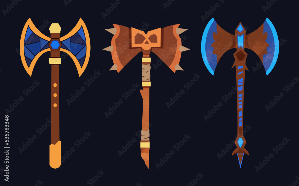 A set of casual axes. Cartoon game style. The basis for the prop, an ...