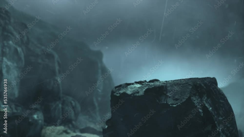 Cinematic shot of a stormy ancient alien crash site, with a smooth ...