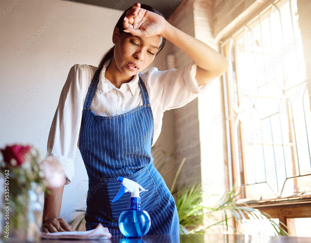 Cleaning house, burnout and tired cleaner working hard on dirty table ...
