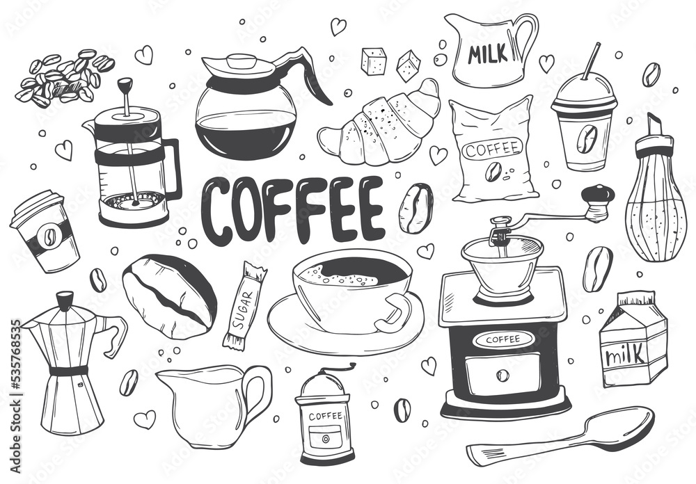 Set of doodles, hand drawn rough simple sketches, various kinds of ...