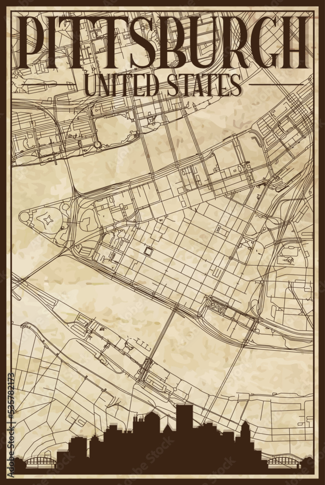 Brown vintage hand-drawn printout streets network map of the downtown ...