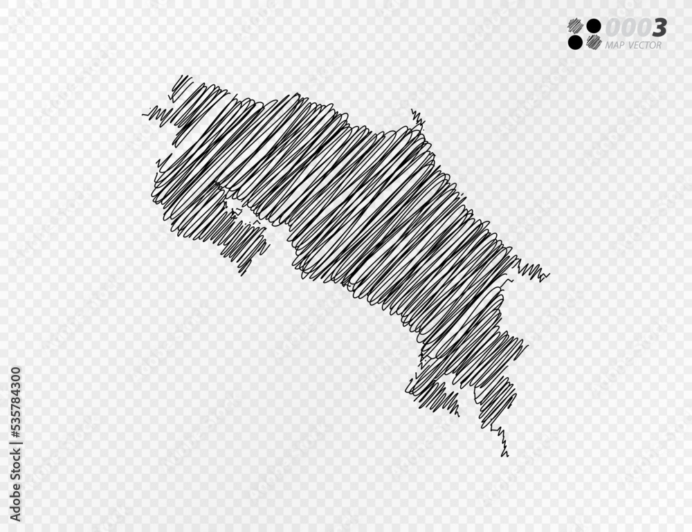 Vector black silhouette chaotic hand drawn scribble sketch of Costa Rica map on transparent ...