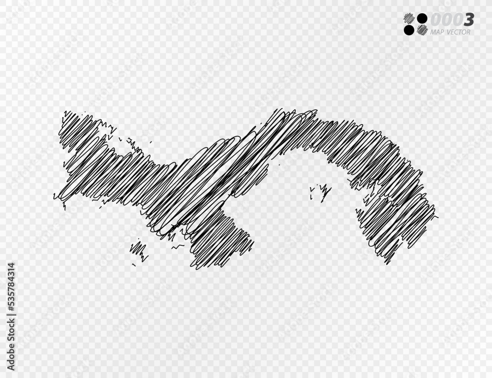 Vector black silhouette chaotic hand drawn scribble sketch of Panama map on transparent ...