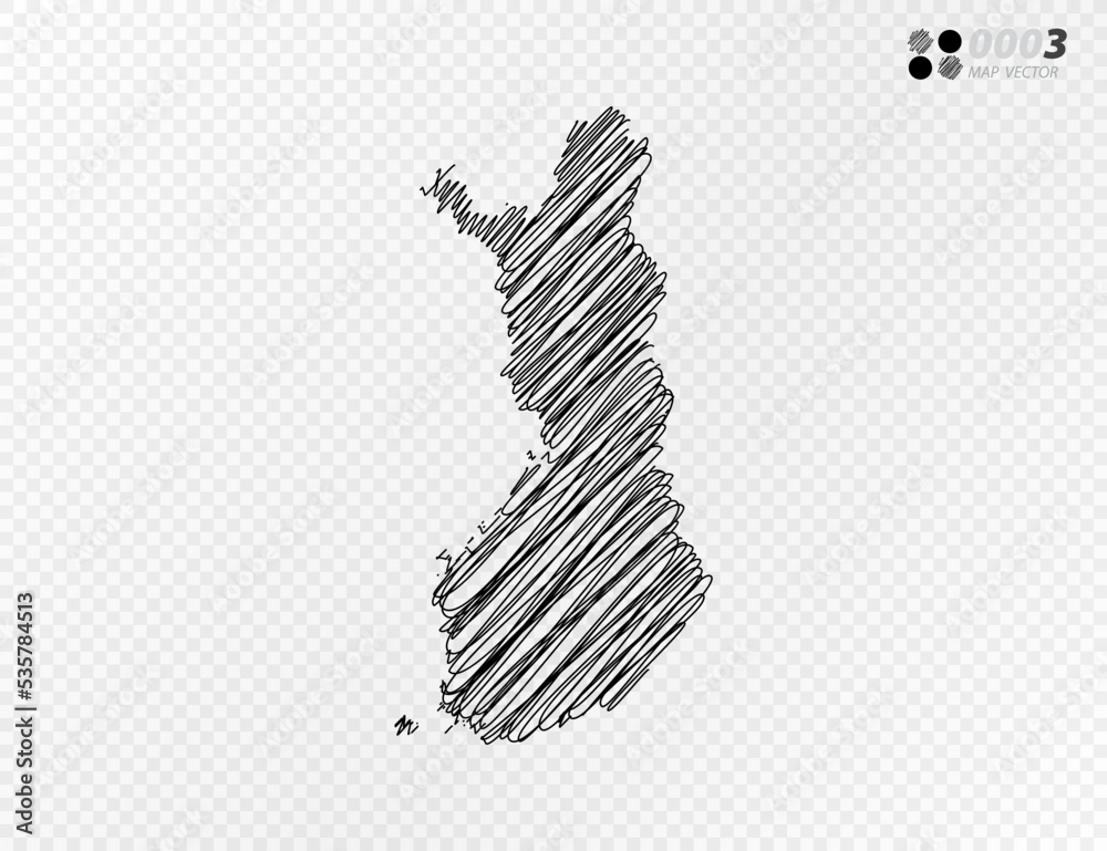 Vector black silhouette chaotic hand drawn scribble sketch of Finland map on transparent ...