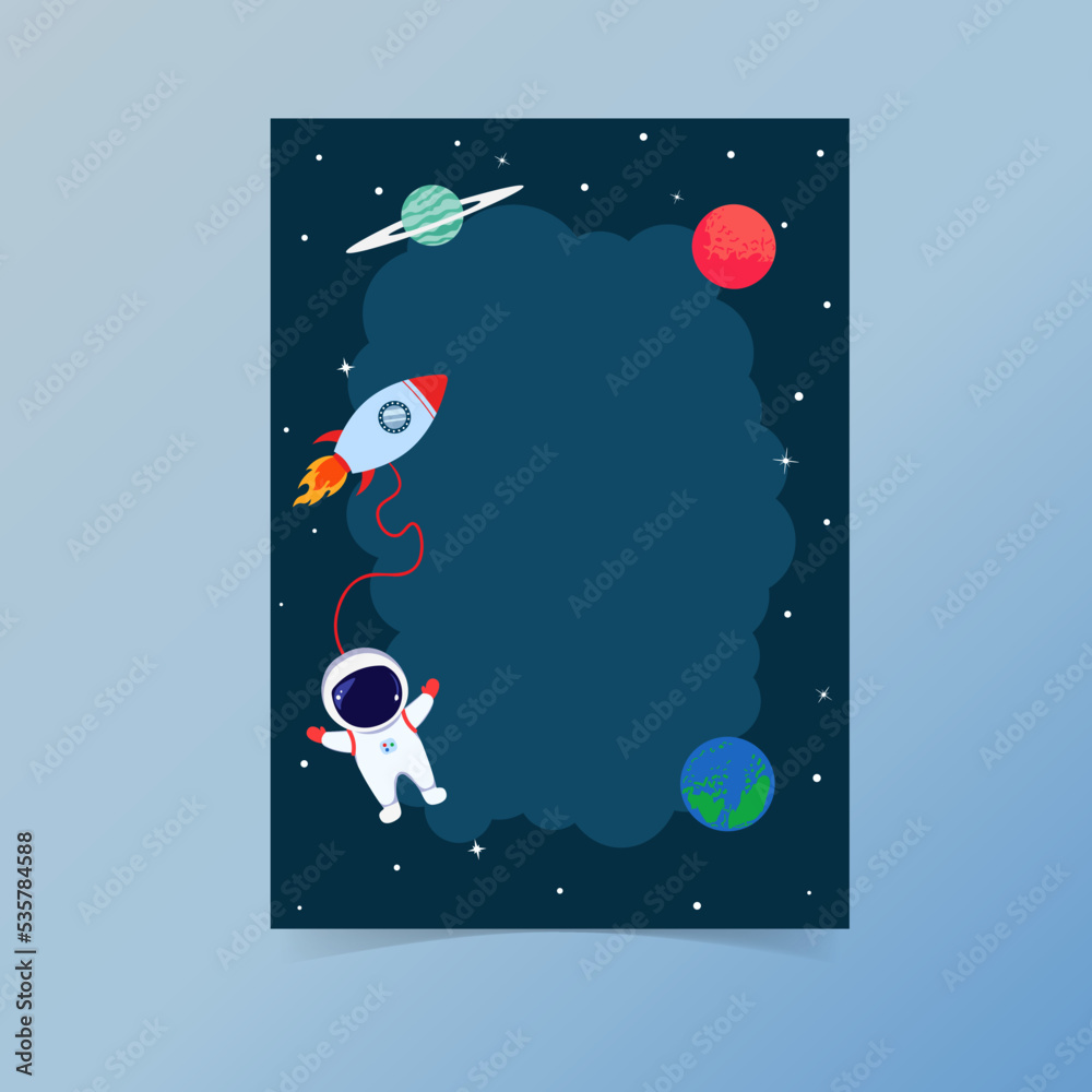Boy in space invitation template. Astronaut floating with planets in ...