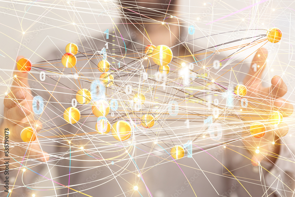 Global network. Blockchain. 3D illustration. Neural networks and ...