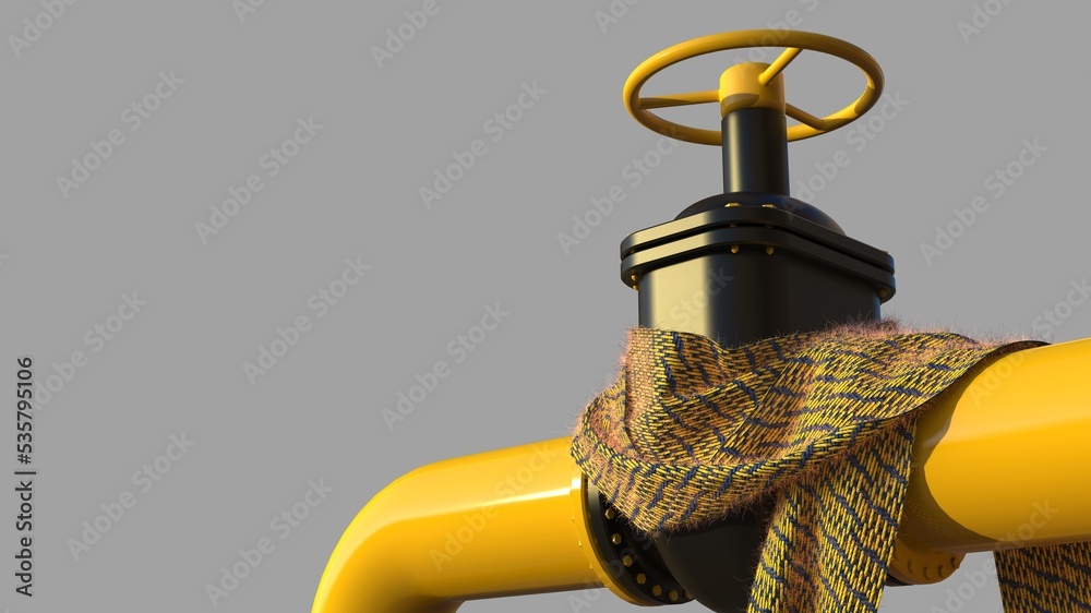 a gas pipeline with a valve, a gas pipe wrapped in a woolen scarf. the ...