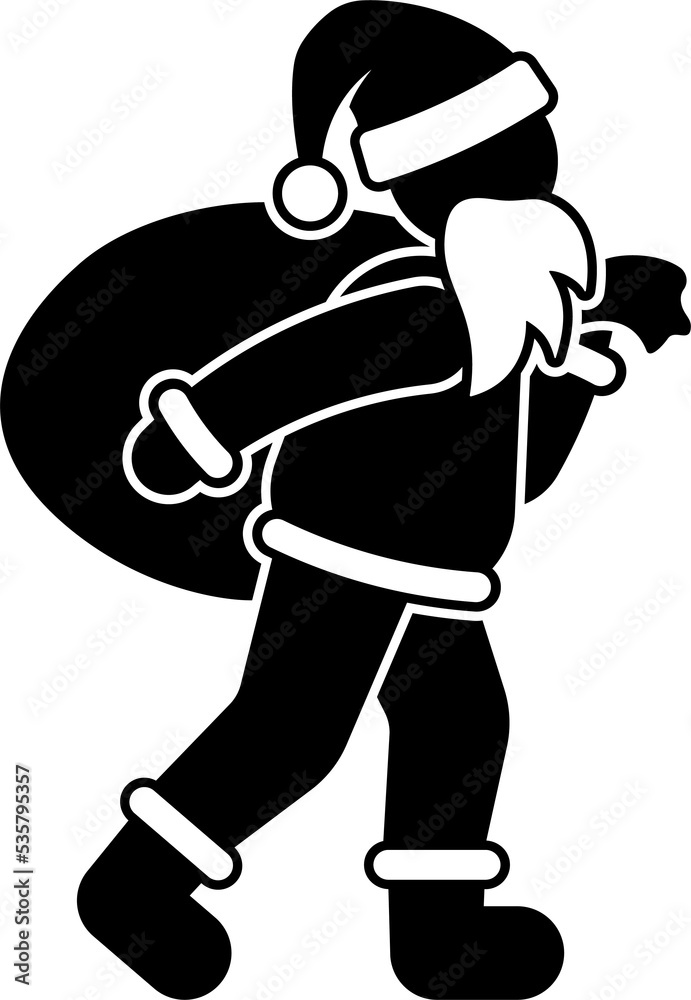 Stick figure Santa Claus with gift present bag sack walking fast side ...