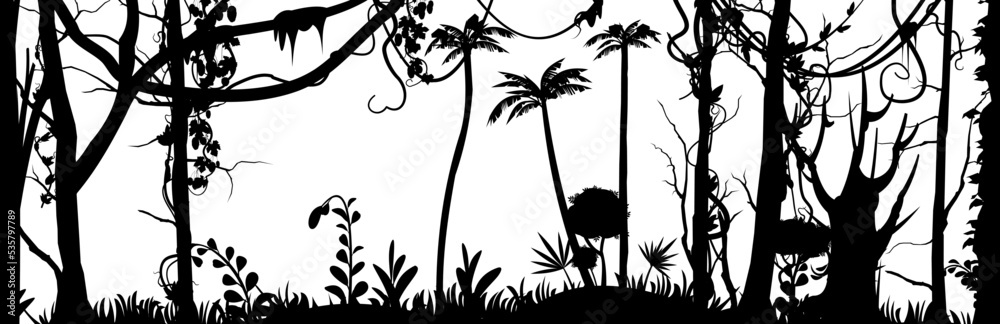 Jungle rainforest. Nature landscape silhouette. Dense tropical thickets ...