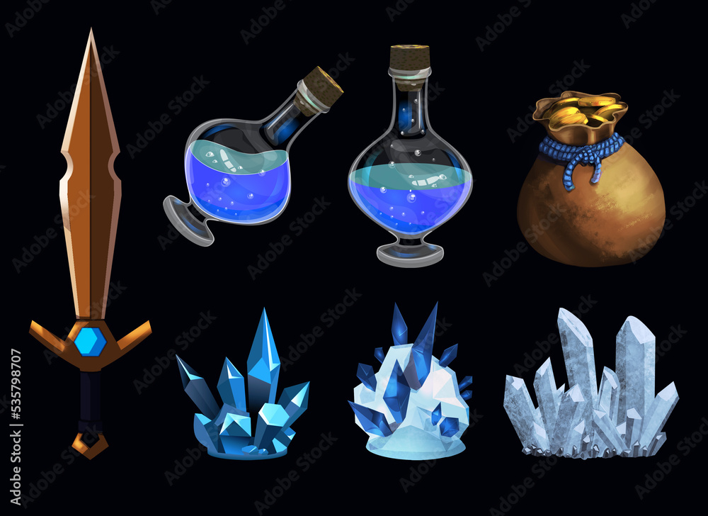 A set of fantasy props. A bag of gold coins. A golden sword with a ...