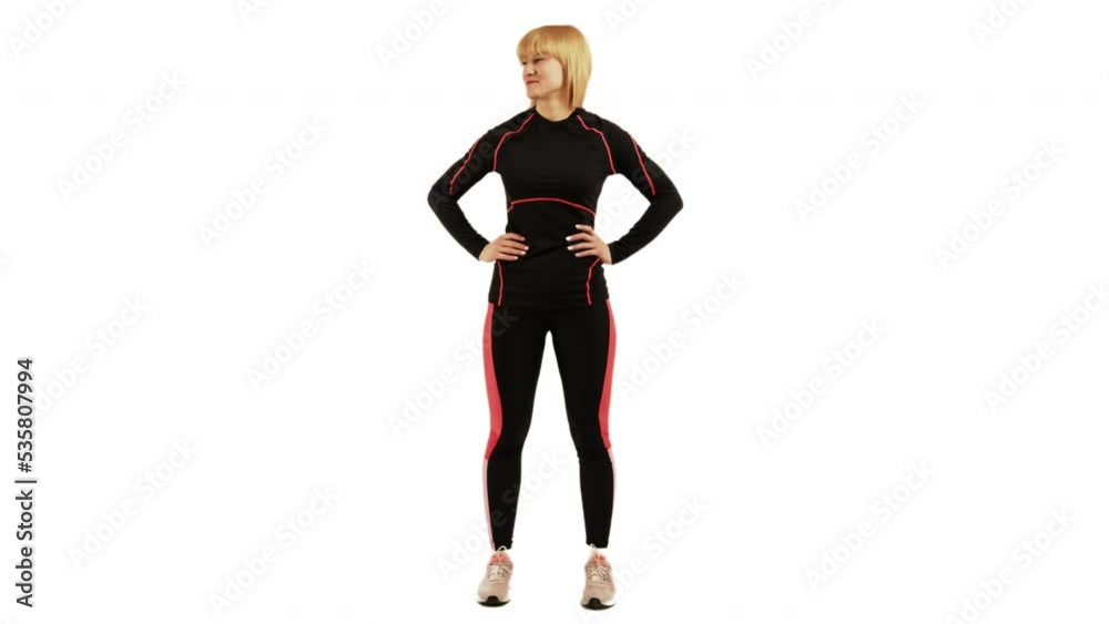 Fit Woman In Active Sport Wear Doing A Head Turn Exercise. Full Body ...