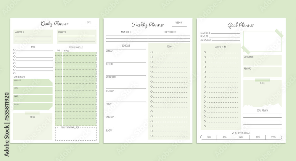 Set of daily , weekly and goal planner sheets. Minimalist and modern ...