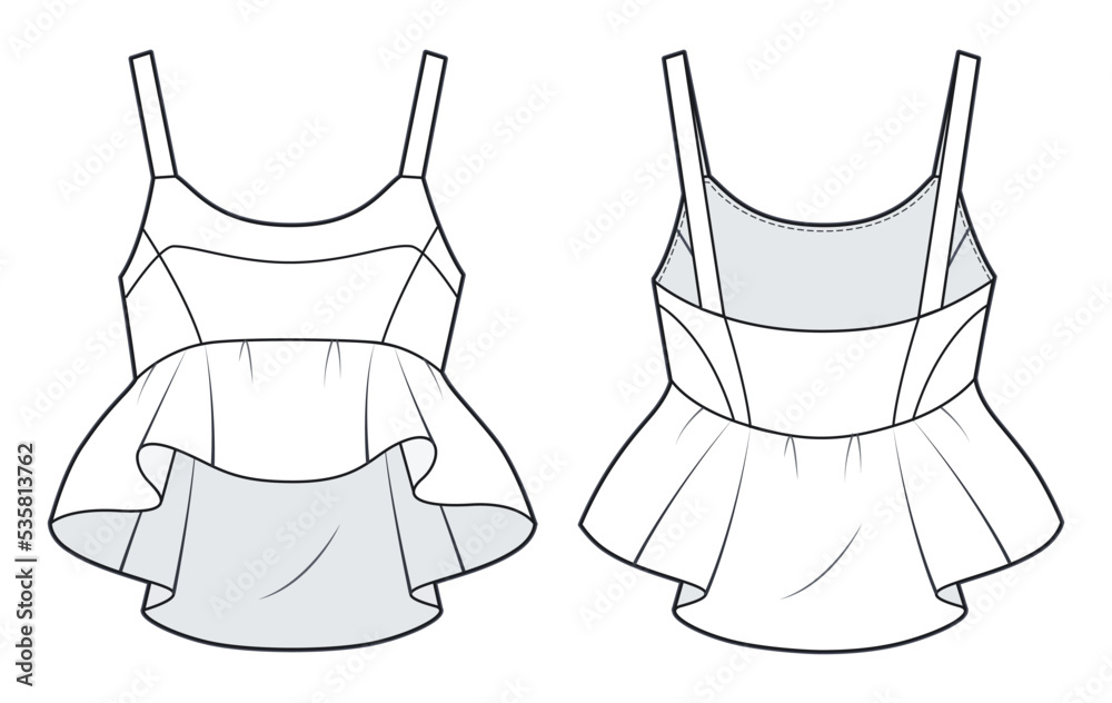 Ruffle Crop Top technical fashion illustration. Women's strappy Top ...