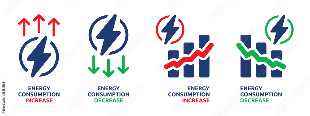 Set of energy consumption increase and decrease icon. Electricity, power or utility bill ...