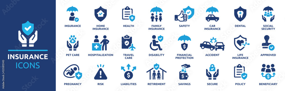 Insurance and assurance icon set. Containing healthcare medical, life ...