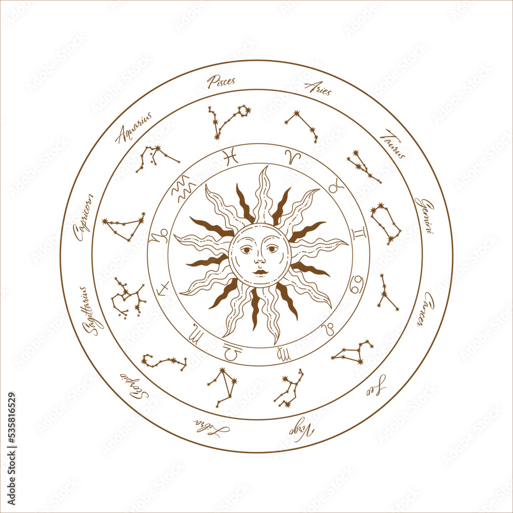 Vector zodiac wheel. Astrological signs and symbols.Design elements for ...