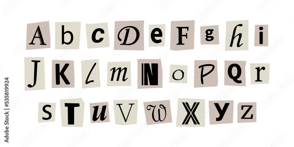Vector ransom font. Letters cut-outs from newspaper. Character set ...