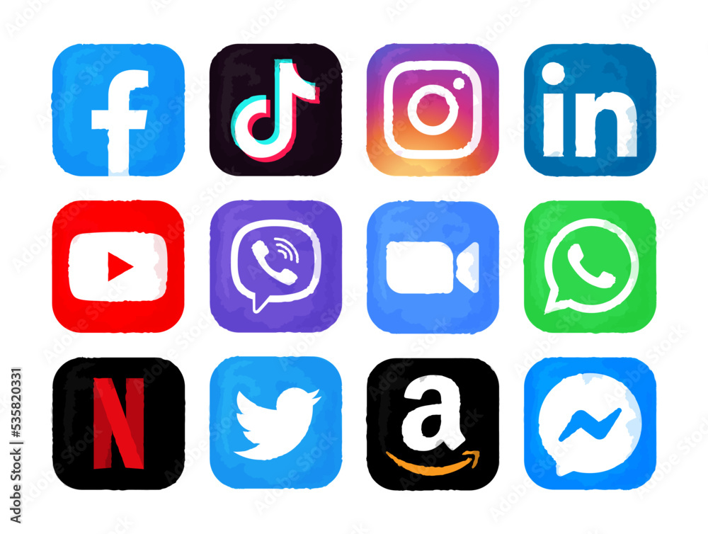 Set of popular Social Media and Mobile Apps icons in watercolor paint ...