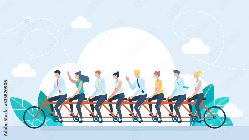 A team of specialists rides a large tandem bicycle. A big company ...