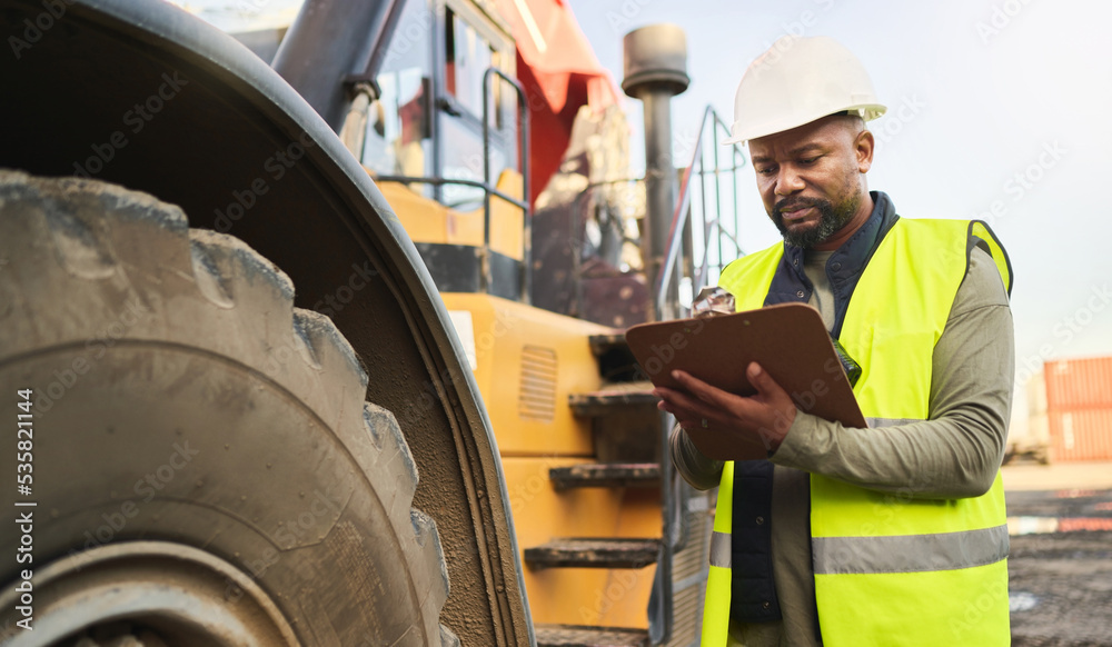 Logistics man, crane and writing on clipboard for delivery stock check ...