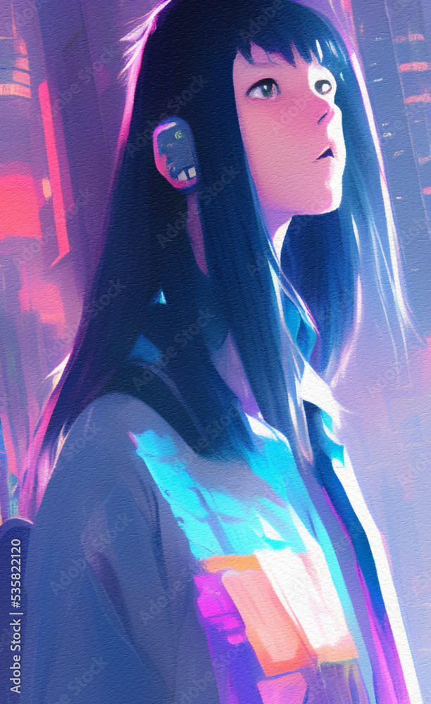 Cyberpunk girl portrait digital painting art. Future concept ...