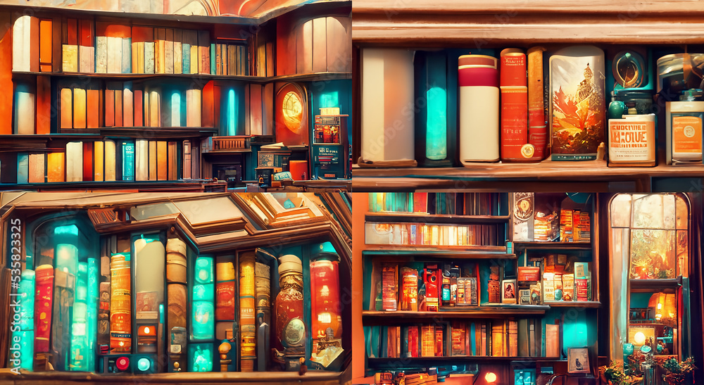 Old library or bookshop with many books on shelves high contras ...