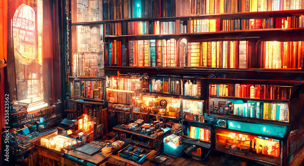 Old library or bookshop with many books on shelves high contras ...